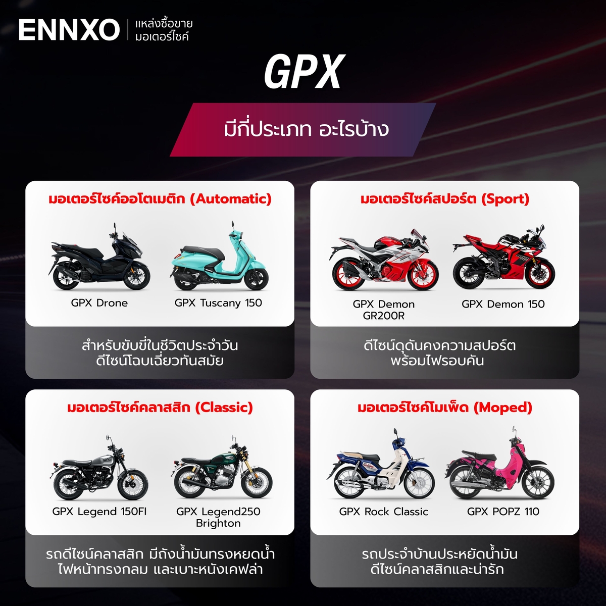GPX (จีพีเอ็กซ์) มอเตอร์ไซค์สัญชาติไทย มีทั้งหมดกี่รุ่น อะไรบ้าง | ENNXO