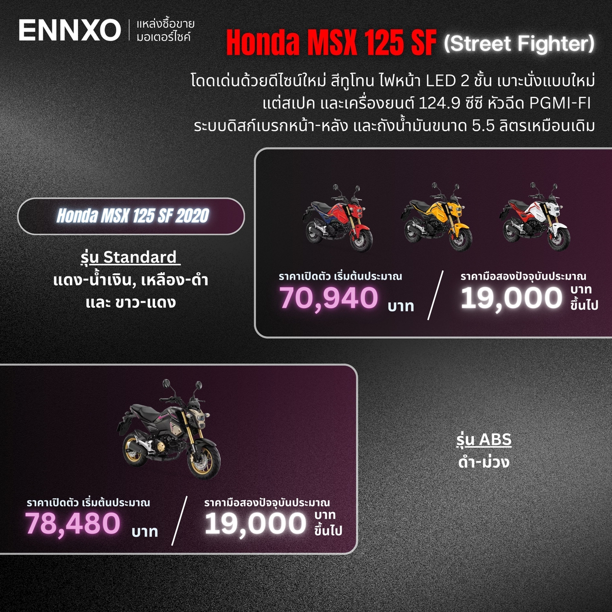 รวมรุ่น Honda MSX Grom ทุกรุ่น ทุกสี เลือกแมตช์ได้ตามใจชอบ | ENNXO
