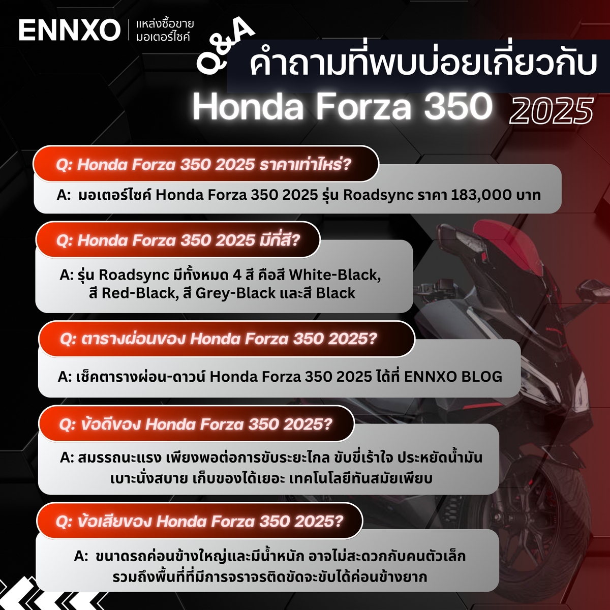 สเปค Honda Forza 350 2025 ส่องสีและตัวใหม่ฮอนด้า ฟอร์ซ่า ล่าสุด | ENNXO