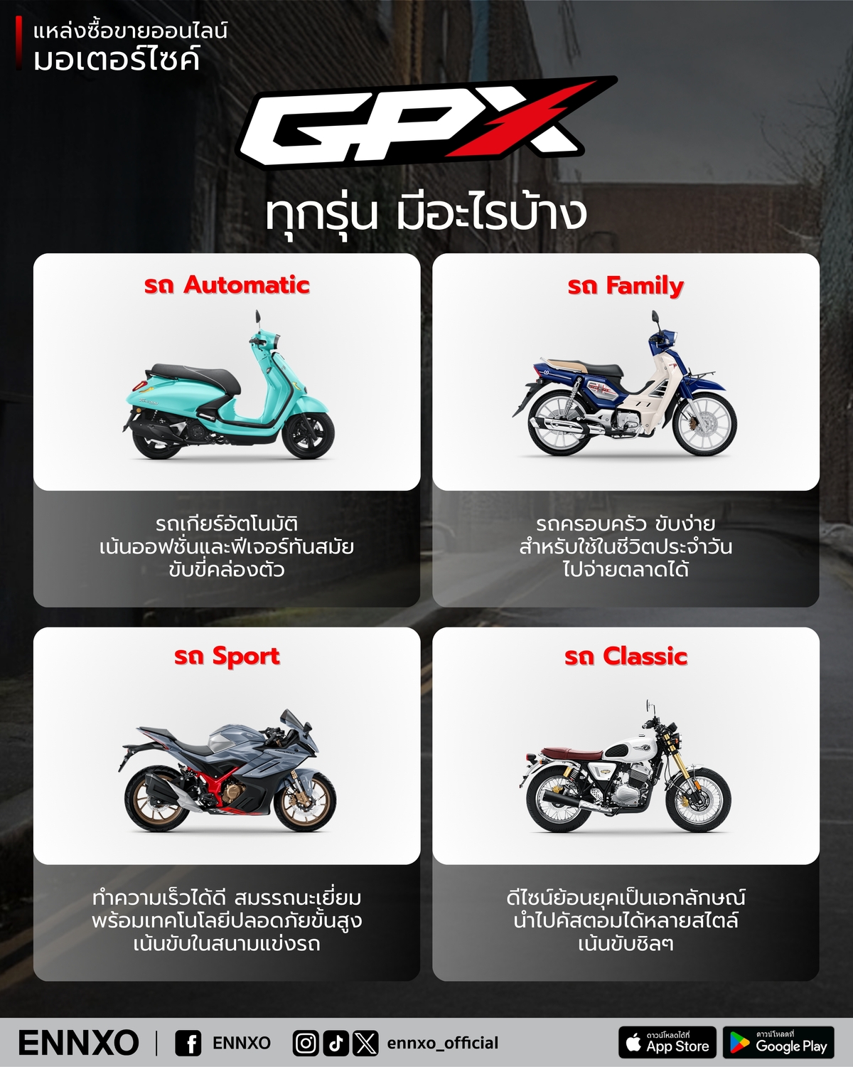 ซื้อ ขาย มอเตอร์ไซค์ GPX มือสอง ราคาถูก จีพีเอ็กซ์ ทุกรุ่น | ENNXO