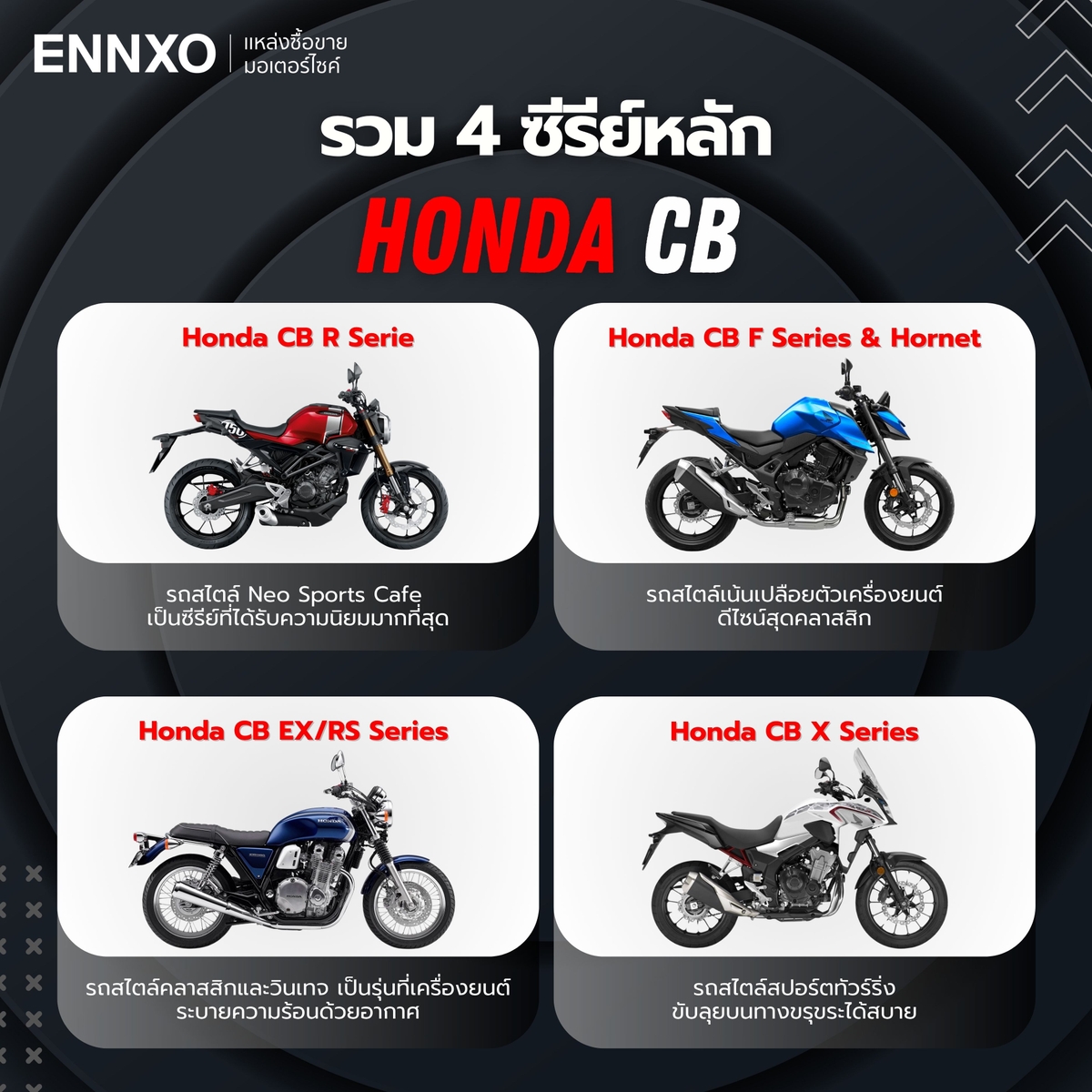 รวมรถ Honda CB ทุกรุ่นนิยม ทั้งฮอนด้า ซีบีตัวเก่าจนถึงตัวล่าสุด | ENNXO