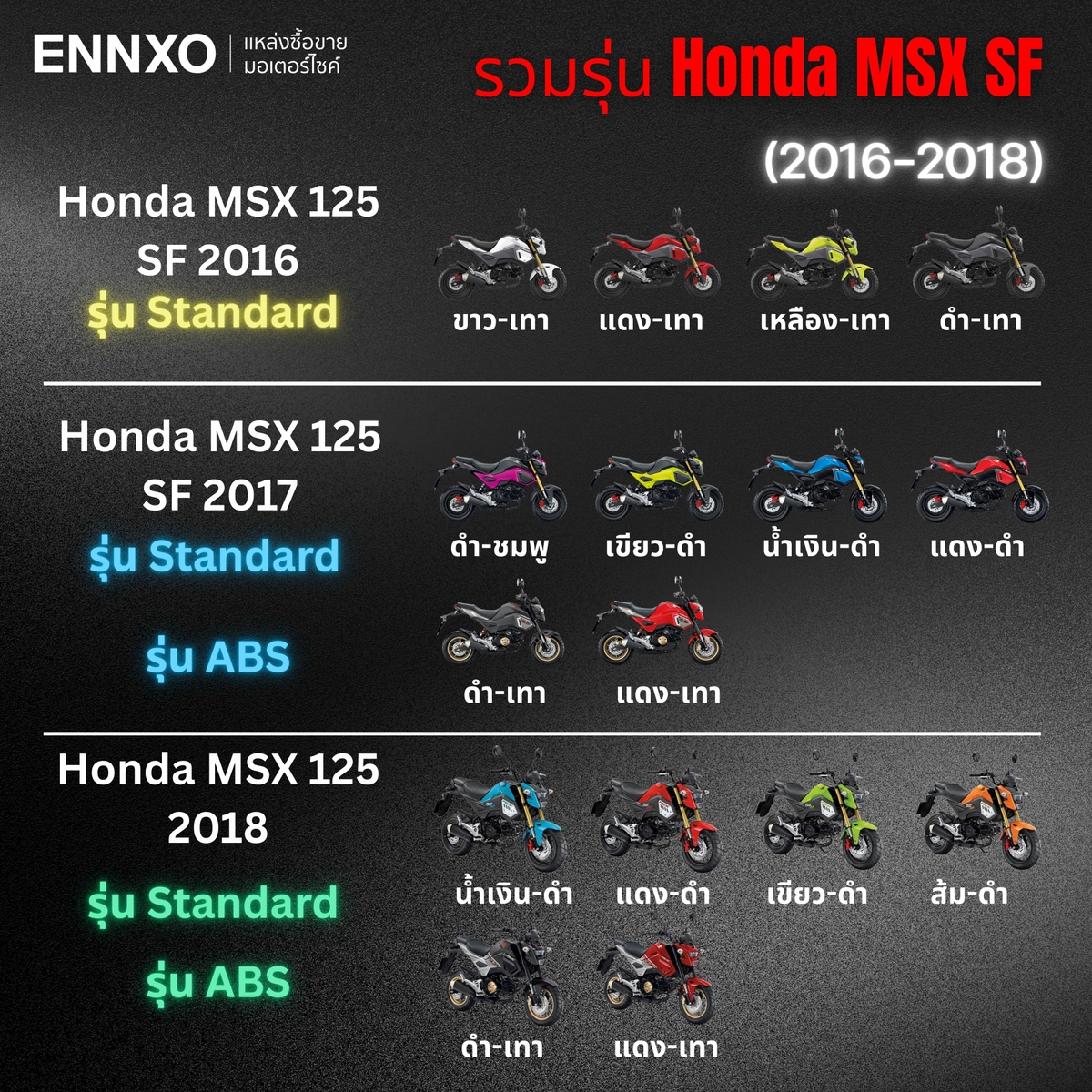 รวมรุ่น Honda MSX Grom ทุกรุ่น ทุกสี เลือกแมตช์ได้ตามใจชอบ | ENNXO