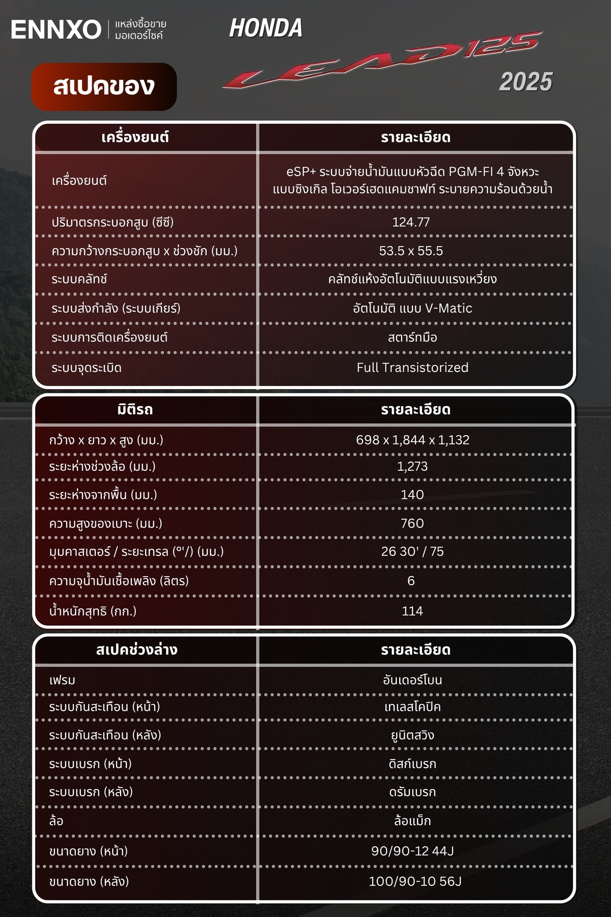ข้อมูลมอเตอร์ไซค์ Honda Lead 125 2025 (ฮอนด้า ลีด 125) รุ่นใหม่ | ENNXO