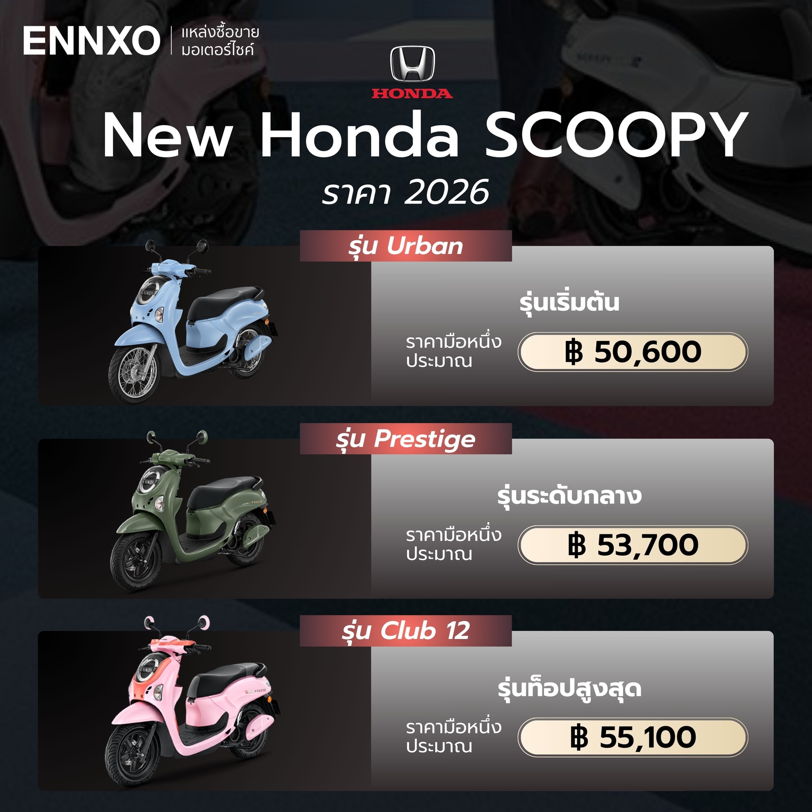 สเปค Honda Scoopy (รถสกูปปี้ ตัวใหม่) 2026 มีกี่รุ่น กี่สี | ENNXO