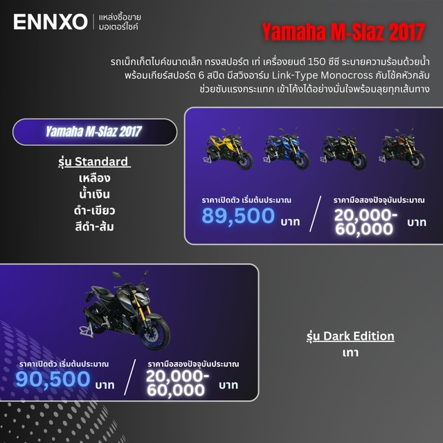 รวม Yamaha M-Slaz (เอ็มสแลช) ทุกรุ่น มีสีอะไรบ้าง มีกี่เกียร์ | ENNXO