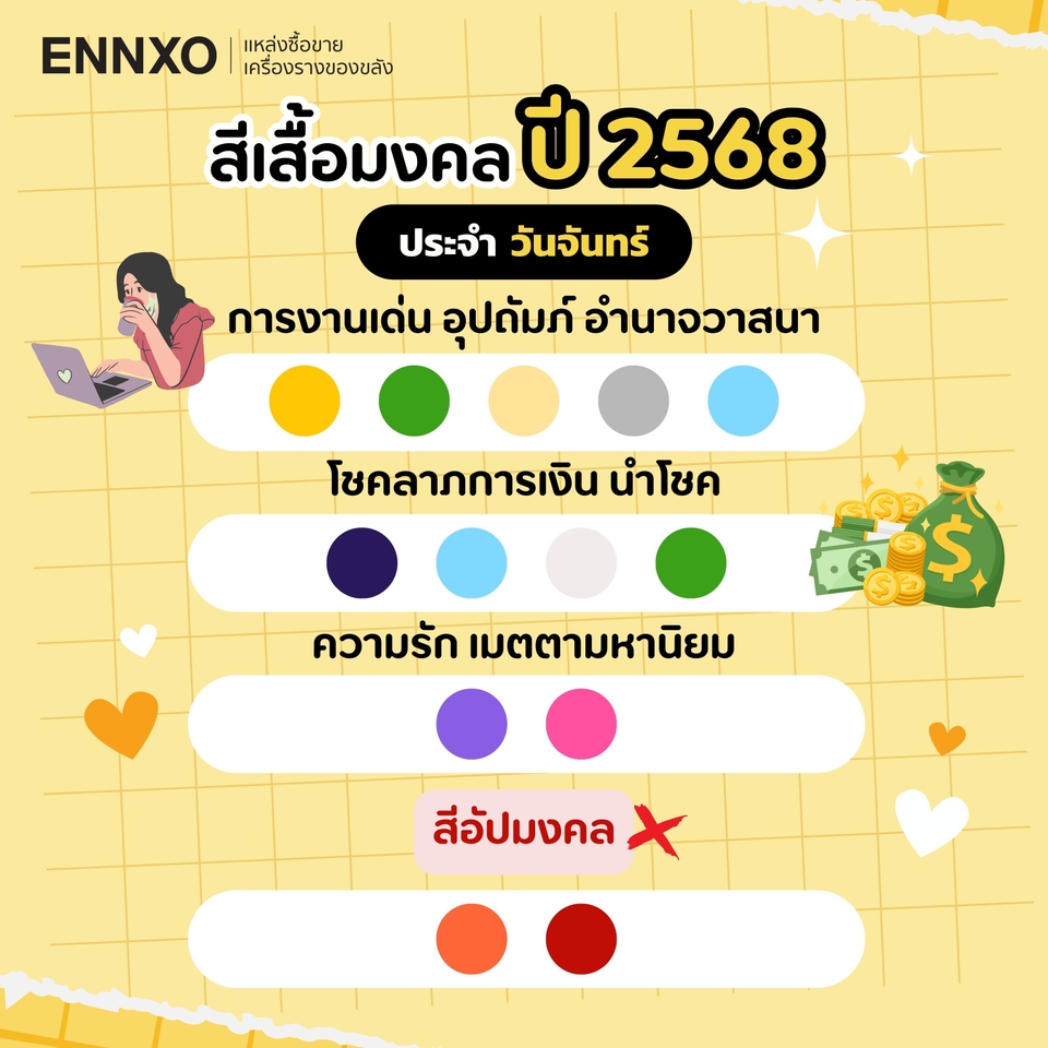 สีเสื้อมงคล 2568 ตารางสีมงคลประจำวัน เสริมดวงปัง รุ่งเรือง เฮงทั้งปี | ENNXO
